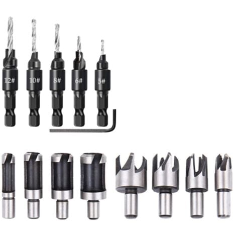 14 Pcs Wood Plug Hole Cutter Chamfered Drill Bits Five-Slot Countersink ...