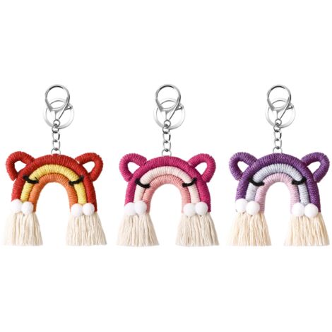 3 Pieces Cute Cat Rainbow Keychains Macrame Weaving Tassel for Women