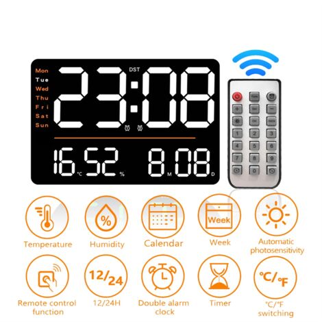 LED Digital Wall Clock Temperature Humidity Electronic Remote ...