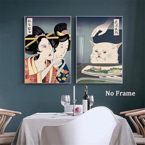 XL-Funny Japanese Woman Yelling At Cat, Canvas Painting