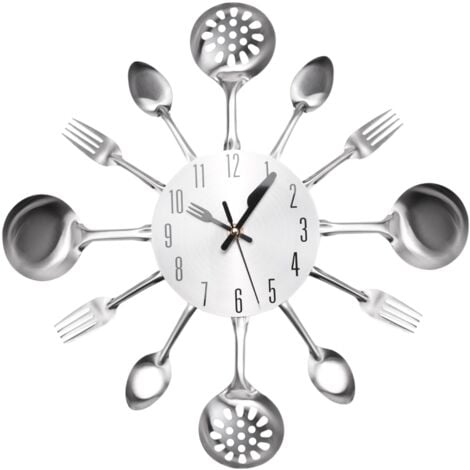 Metal Kitchen Cutlery Wall Clock 14 Inch with Fork Spoon 3D Non Ticking ...