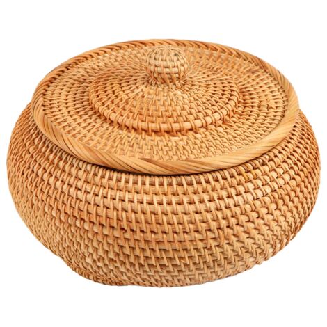 Storage Basket Hand-Woven Rattan Woven with Cover Round Primary Color ...