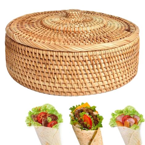 Round Rattan Boxes with Lid Hand-Woven Multi-Purpose Wicker Tray 10 ...