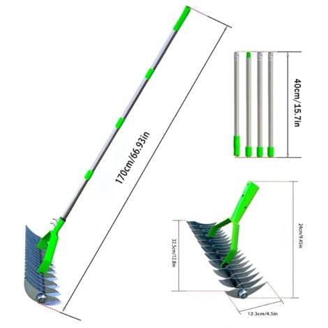 1.7M Lawn Hay Rake, Thatch Leaf Garden Descaling Scarifier, Soil Rake