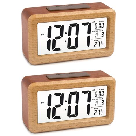 2X Large Wooden LED Digital Alarm Clock, Smart Sensor Night Light ...