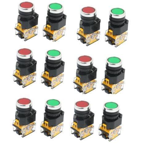 12Pcs 22mm 10A 380V DPST Momentary Push Button Switch Red Green