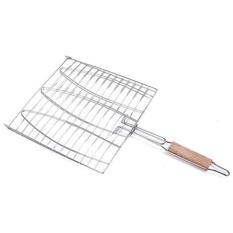 Barbecue Fish Grill Net Grilling Rack Non-Stick Triple Basket Wooden ...