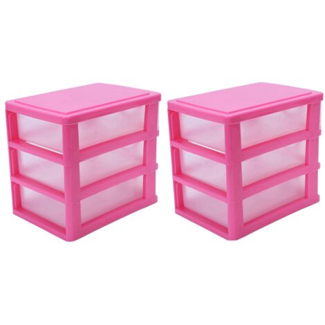 2X Mini Plastic Storage Box Drawer Type Translucent (Rose Red 3 Layers)