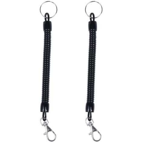 2X Black Carabiner Spring Coil Stretch Cord Strap Keychain Rope Keyring