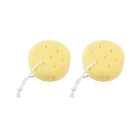 2X Yellow Round Bath Body Shower Sponge with Hanging Loop