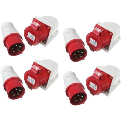 4X 16 Amp 5 Pin Plug & Socket Weatherproof IP44 3 Phase 380-415V 3P + N ...