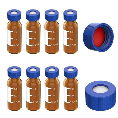 2ML Autosampler Vials Pack Of 100 - HPLC 9-425 Amber with Blue Screw Caps,Red White Septa