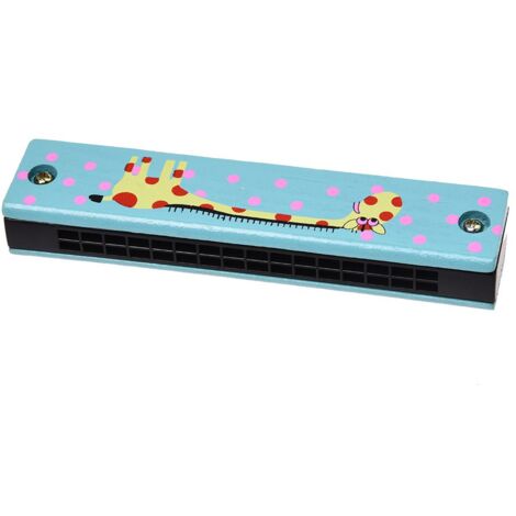 Wooden Giraffe Pattern Dual Series 32 Hole Harmonica Child Blue