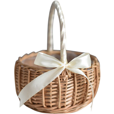 Wicker Woven Flower Basket, with Handle and White Ribbon, Wedding Girl ...