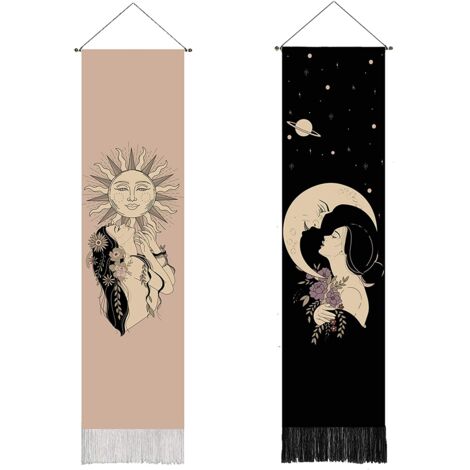 2Set Narrow Tapestry Wall Hanging Long Sun Moon And Girl Bohemain Decor ...