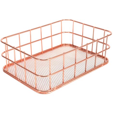 Desktop Metal Storage Basket Box Iron Grid Tray Net Bins Rose Gold Fruit