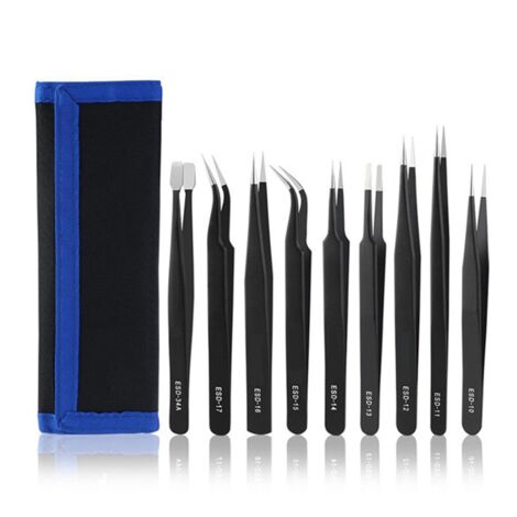 Anti-Static Tweezers Combination Set Cloth Bag 9-Piece Flat Head