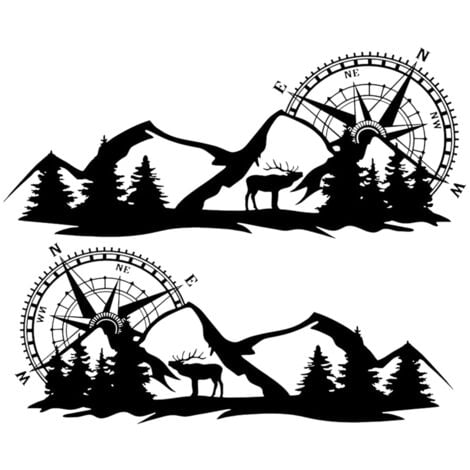 2X Body Sticker Decal Large Compass Navigation with Mountain Deer for ...