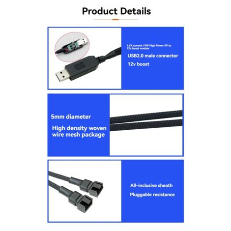 12V USB Fan Power Adapter Cable 1 to 3 Step-Up for 4-Pin PC Cooling Fans