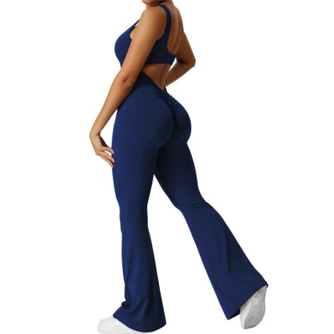 Women Workout Flare Jumpsuits Backless Butt Lift Gym Yoga Navy Blue L