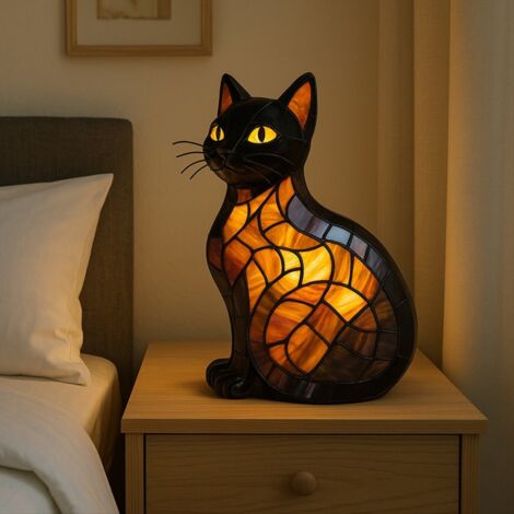 New Stained Glass Cat Lamp Cats Resin 3D Cute Tabletop Retro High ...