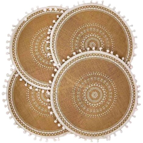 Runde Tischsets Set mit 4, Boho Aus Gewebte Pompon Quaste für das ...