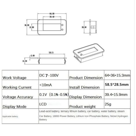 7-100V Digital Battery Capacity Tester Battery Monitor Voltage ...