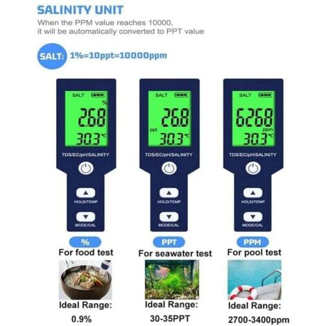 Probador de salinidad de piscina, medidor digital 5 en 1 de salinidad de agua de mar, kit de ...