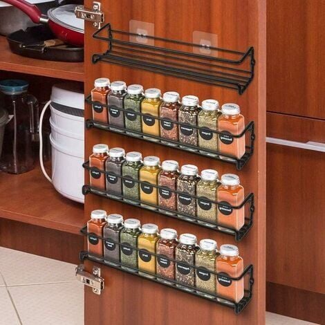 Set of 4 Metal Spice Racks Wall Mounted with Adhesive or Screws Black