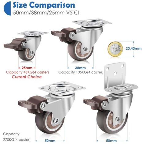 Ruedas para muebles de 25 mm con 4 frenos, ruedas de hasta 45 kg, giro de 360 grados, ruedas de ...