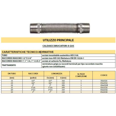 Emigas Giunto filettato antivibrante Gas, raccordo 1"1/2 lunghezza 210 ...