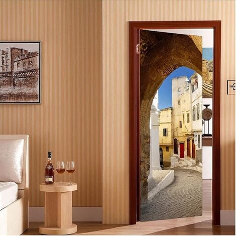 SHINING HOUSE 3D Door Wallpaper Arched Stone Door Street Scenery Door Stickers Door Wallpaper Door Mural