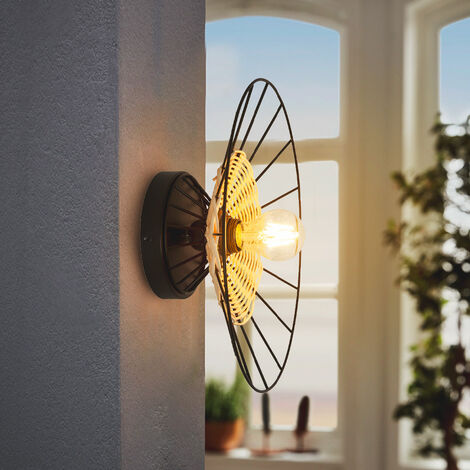 Applique murale ou plafonnier Manille métal noir rotin naturel ...