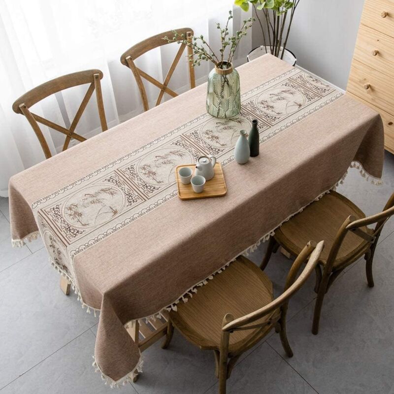 Ahlsen Rectangular Tablecloth Stain Resistant Cotton Linen Tablecloth Embroidered Tablecloth Elegant Printed Chinese Style Tablecloths for Kitchen Table Decoration Rectangular Oval 140 x 220 cm