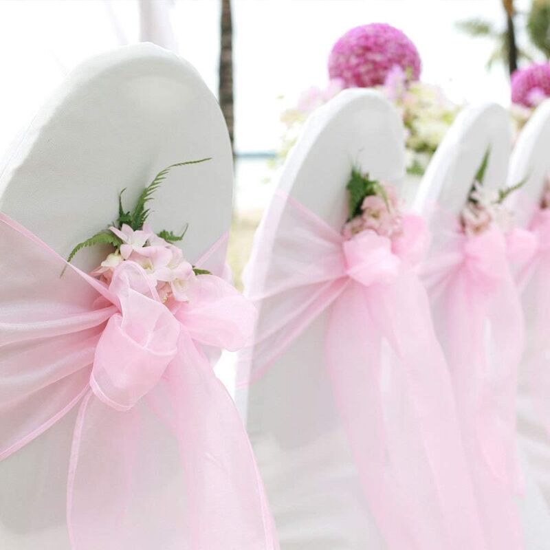 Ahlsen 100 Pieces Organza Nubans Chair Covers Bows Ribbons Wedding Bows Birthday Party Ceremony Decoration 18 x 275 cm Pink