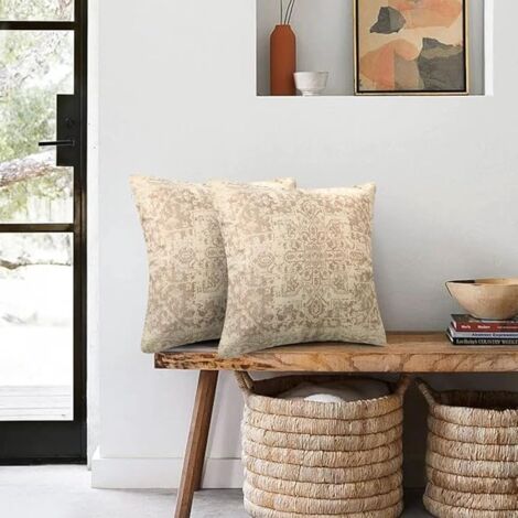 Ahlsen Set of 2 Cushion Covers 45x45cm Bohemian Modern Decorative Linen Pillow Case Beige Cushion Covers