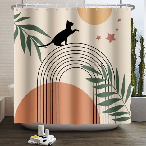 Ahlsen Boho Shower Curtain 71x71 Mid Century Abstract Black Cat Green Leaf Bow Sun Moon Beige ...