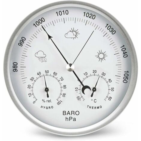 Ahlsen Dial barometer with thermometer hygrometer weather station air pressure metric silver 132 mm