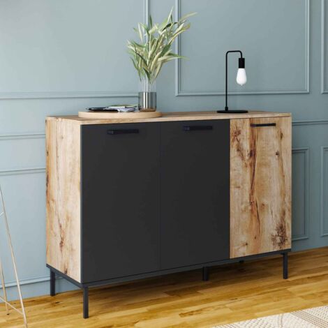 Sideboard 110 cm OAKLAND 3 Türen aus Holz und Schwarz Industriedesign