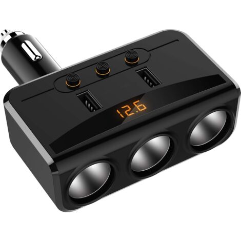 Cargador de coche con doble USB, 3 tomas para encendedor de cigarrillos, adaptador con monitor ...