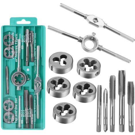 Set di 12 maschi e filiere metrici M3-M12 Kit di maschi per scanalature in acciaio, filiere per ...