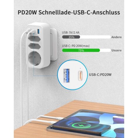 6 in 1 Mehrfachstecker Steckdosenadapter mit 1 PD20W USB C, 4000W/16A 3 ...