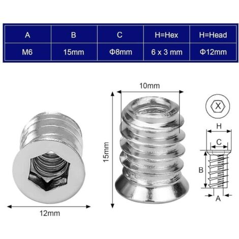 100 piezas de tuerca hexagonal con inserto roscado de madera M6 x 15 mm ...