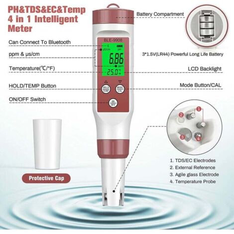 Medidor de pH electrónico con Bluetooth 7-1, comprobador de calidad del agua ATC/PH/TDS/EC/ORP ...