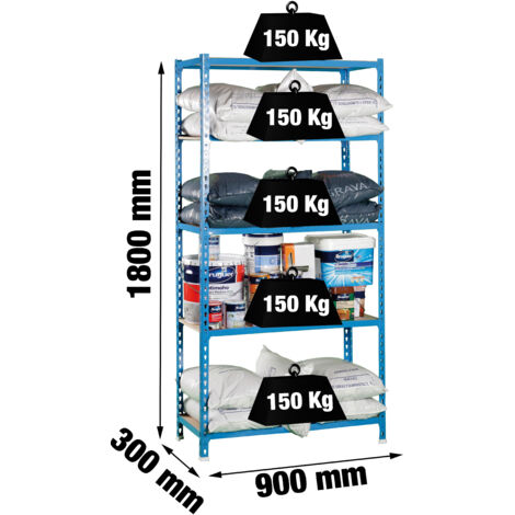SimonRack Étagère Rangement, 1800x900x300 mm, 5 Niveaux en Boix, 150 kg Capacité de Charge et ...