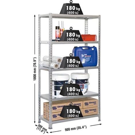 SimonRack Étagère Rangement, 1800x900x300 mm, 5 Niveaux, 180 kg Capacité de Charge et Point de ...