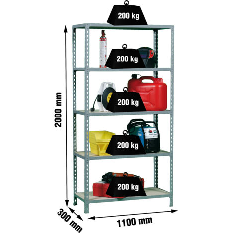 SimonRack Étagère Rangement, 2000x1100x300 mm, 5 Niveaux en Boix, 200 kg Capacité de Charge et ...