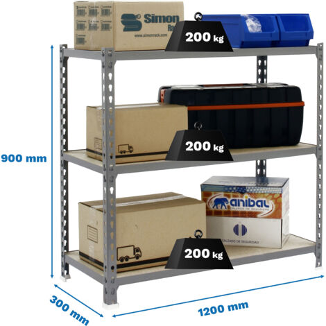 SimonRack Étagère Rangement, 900x1200x300 mm, 3 Niveaux en Boix, 200 kg Capacité de Charge et ...