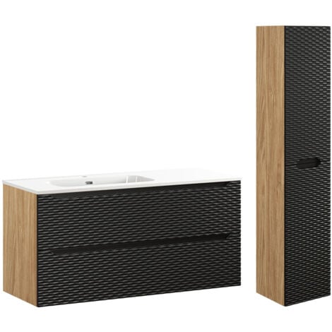 Ensemble meuble simple vasque encastrée gauche 120cm 2 tiroirs et colonne Elora Noir et bois