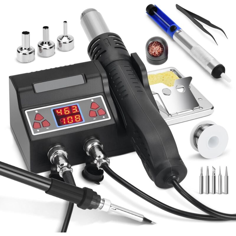 2 en 1 Station de Soudage avec Pistolet à Air Chaud 700W Fer à Souder 75W 100-480℃ Affichage LED ...